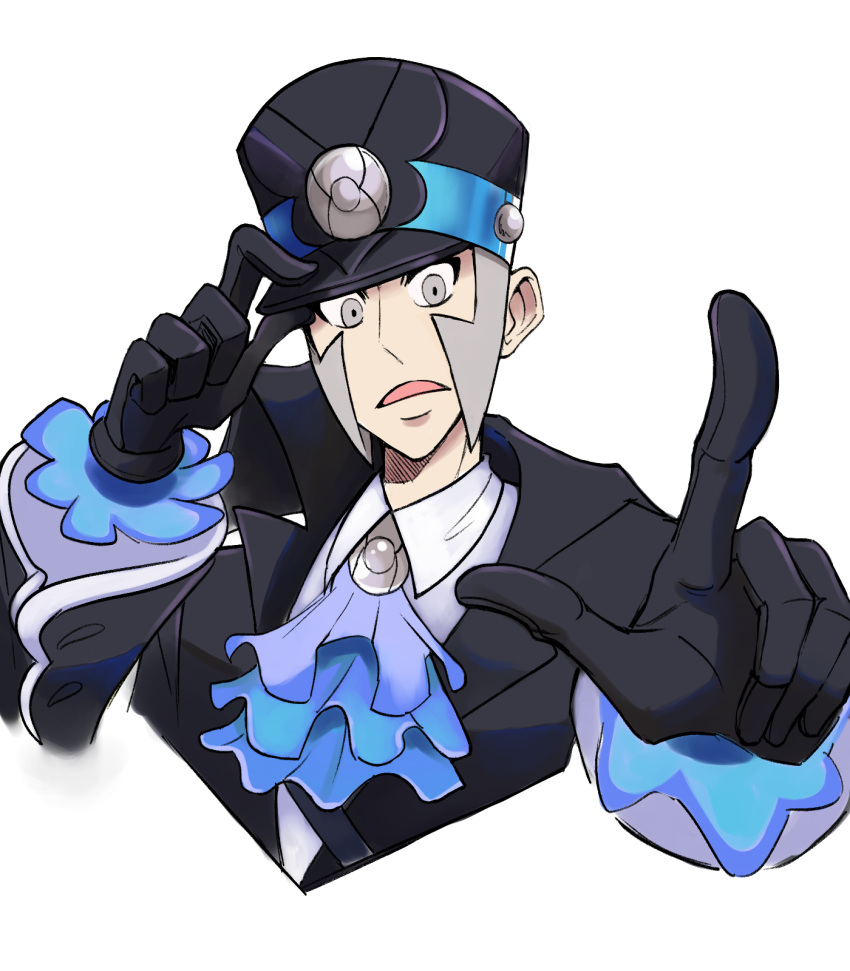 Safebooru - 1boy ascot black gloves black hat blue ascot cropped torso gloves grey eyes grey ...