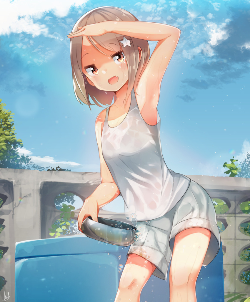 Safebooru - 1girl :d armpits bare arms bare shoulders blue sky blush breasts brown eyes brown ...