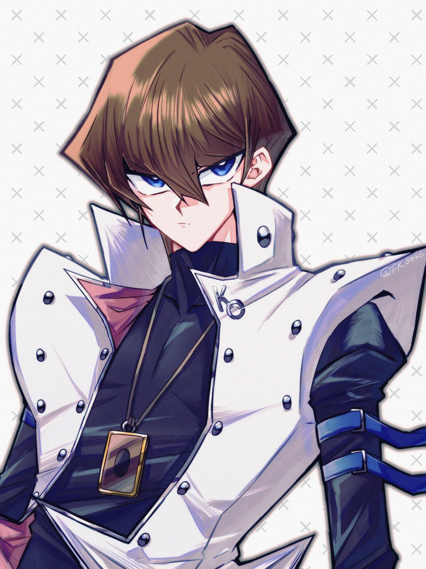 Safebooru - 1boy black shirt blue eyes brown hair card pendant coat fk 0046 highres kaiba seto ...