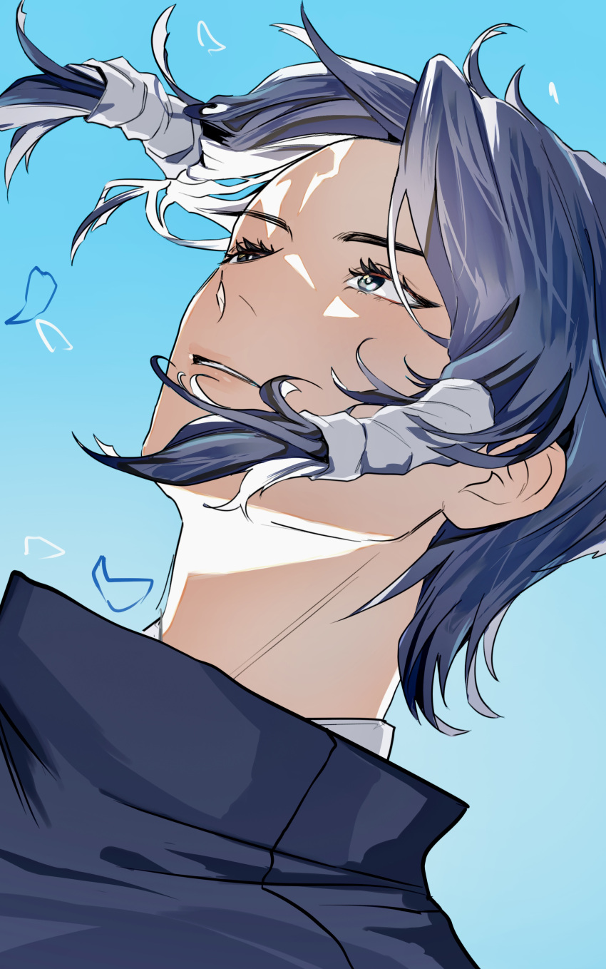 Safebooru - 1boy absurdres ashitakara blue background blue hair blue shirt gradient background ...