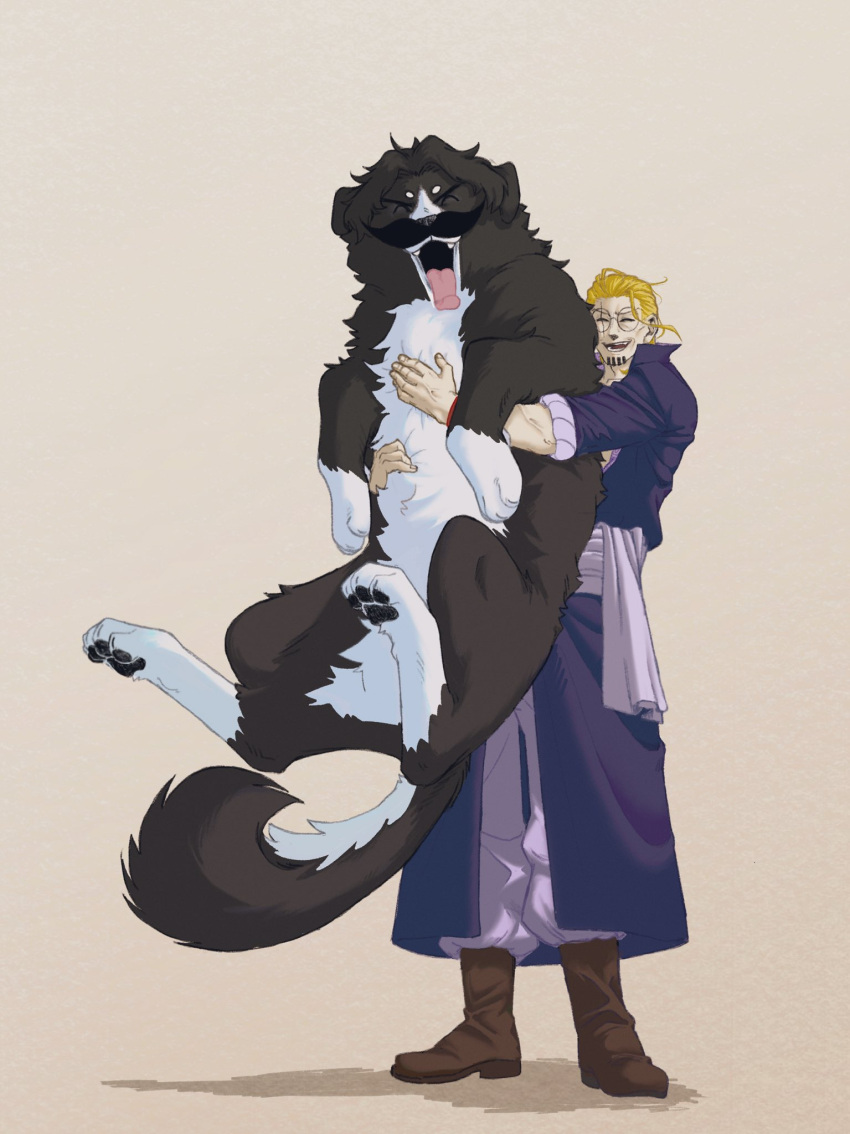 Safebooru - 1boy ^ ^ animal beard stubble black hair blonde hair boots brown footwear carrying ...