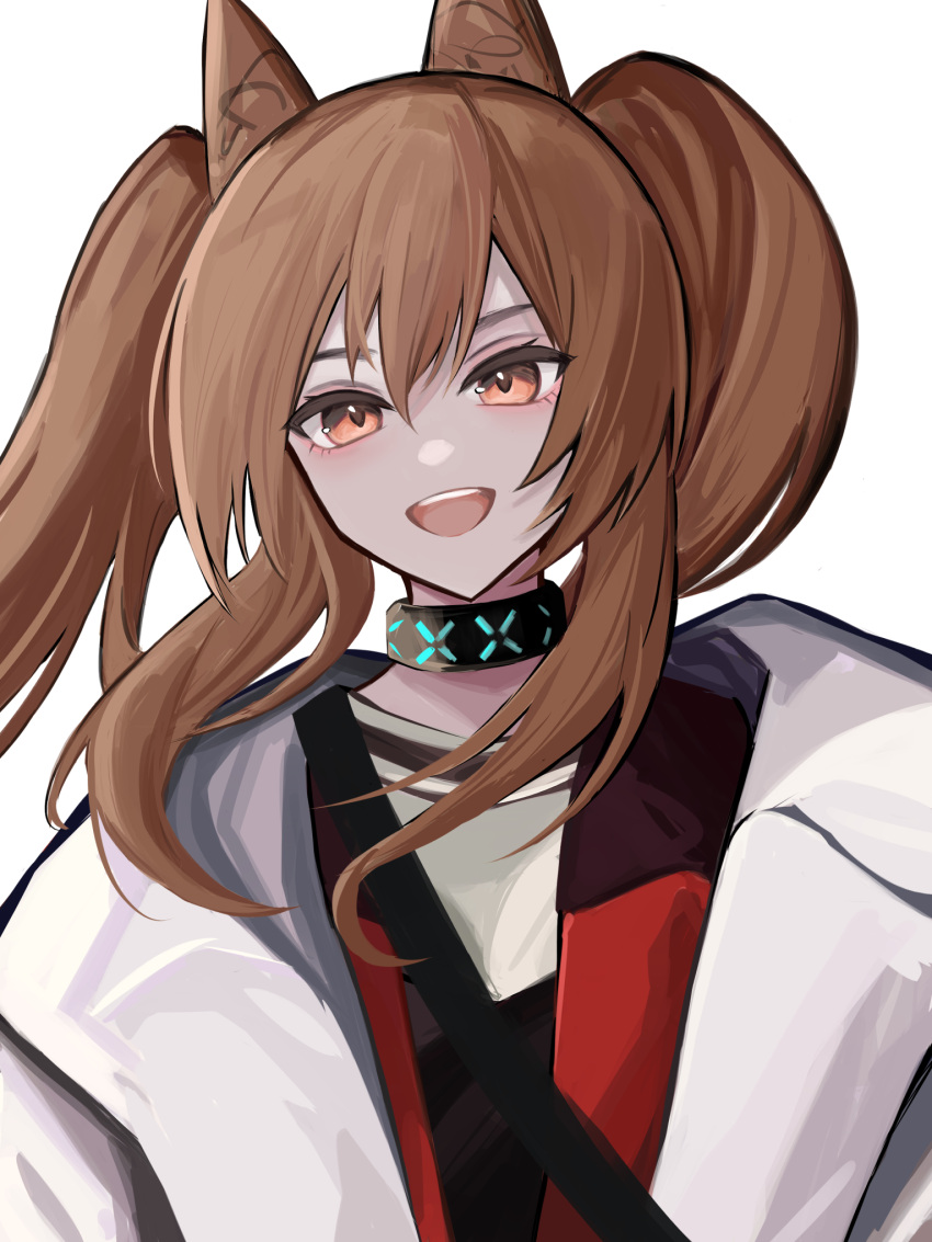 Safebooru - 1girl :d angelina (arknights) animal ears arknights brown eyes brown hair commentary ...