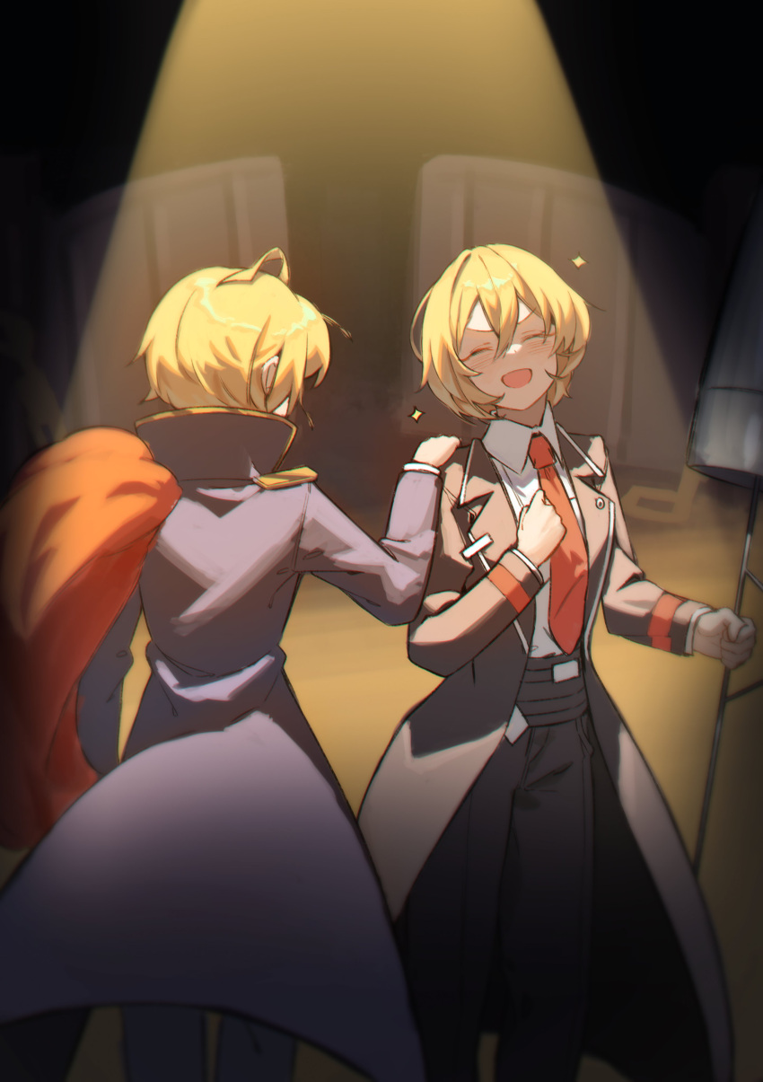 Safebooru - 2girls absurdres black coat blonde hair closed eyes coat collared shirt commentary ...