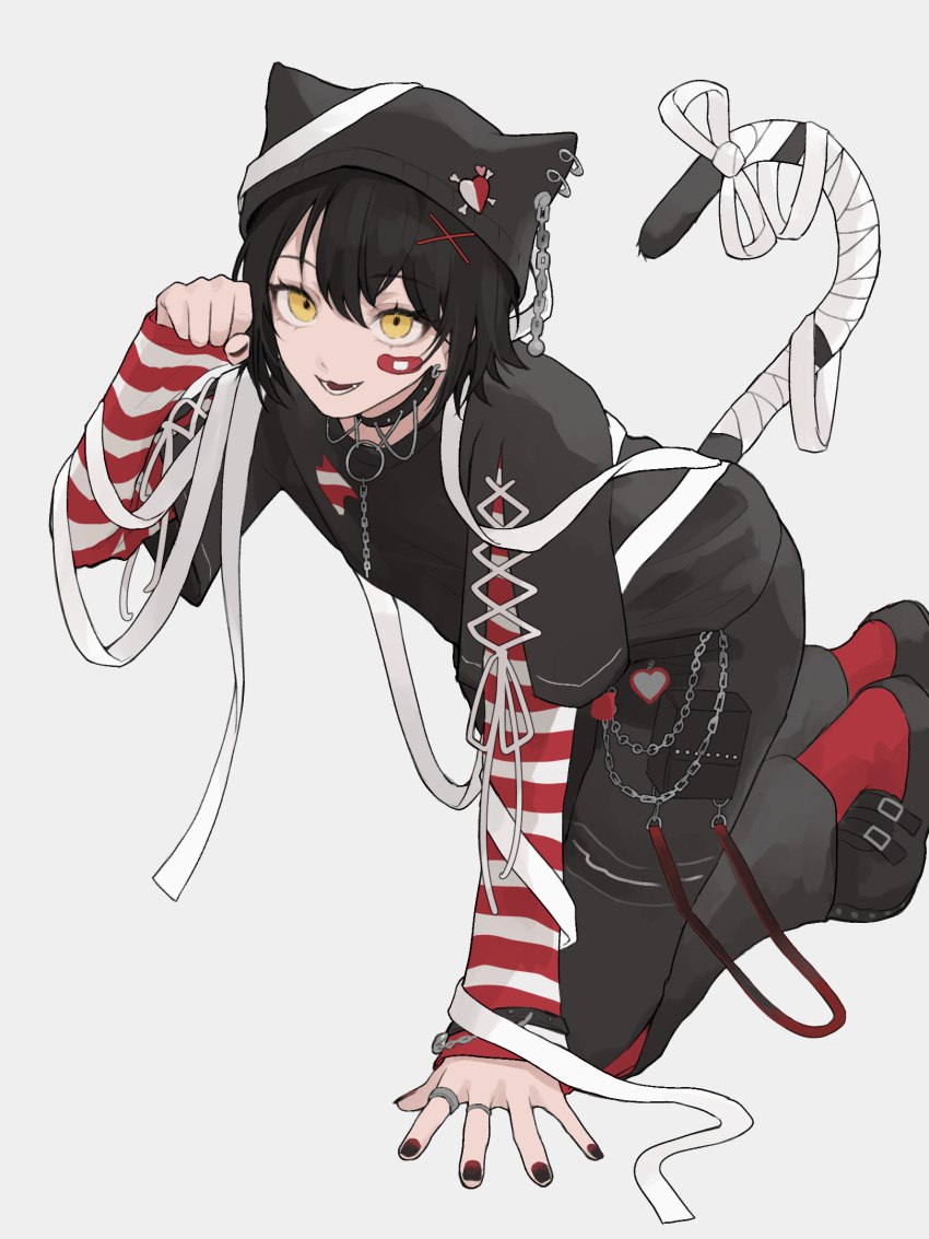 Safebooru - 1boy animal ear headwear bandaid bandaid on face black collar black hair black hat ...