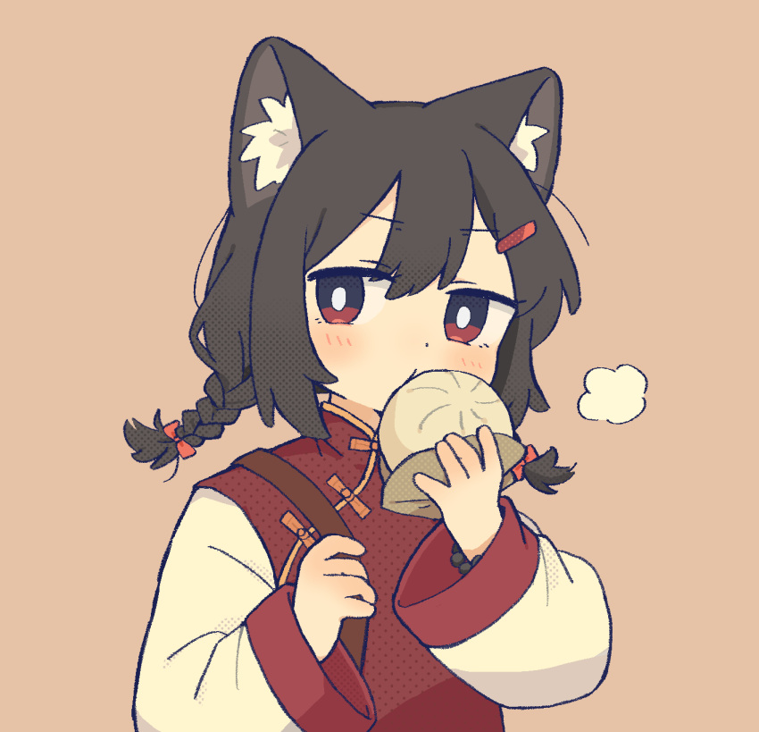 Safebooru - 156m 1girl animal ears baozi black hair bow braid brown background cat ears cat girl ...
