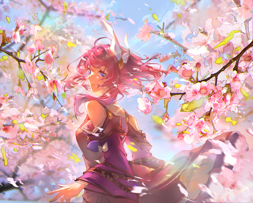 Safebooru - 1girl aqua eyes bare shoulders blue sky blunt bangs blurry blurry background branch ...