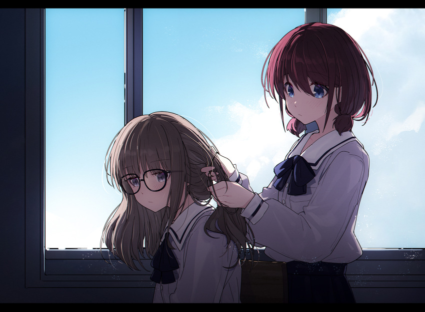 Safebooru - 2girls black-framed eyewear blue bow blue bowtie blue eyes blue shirt blush bow ...