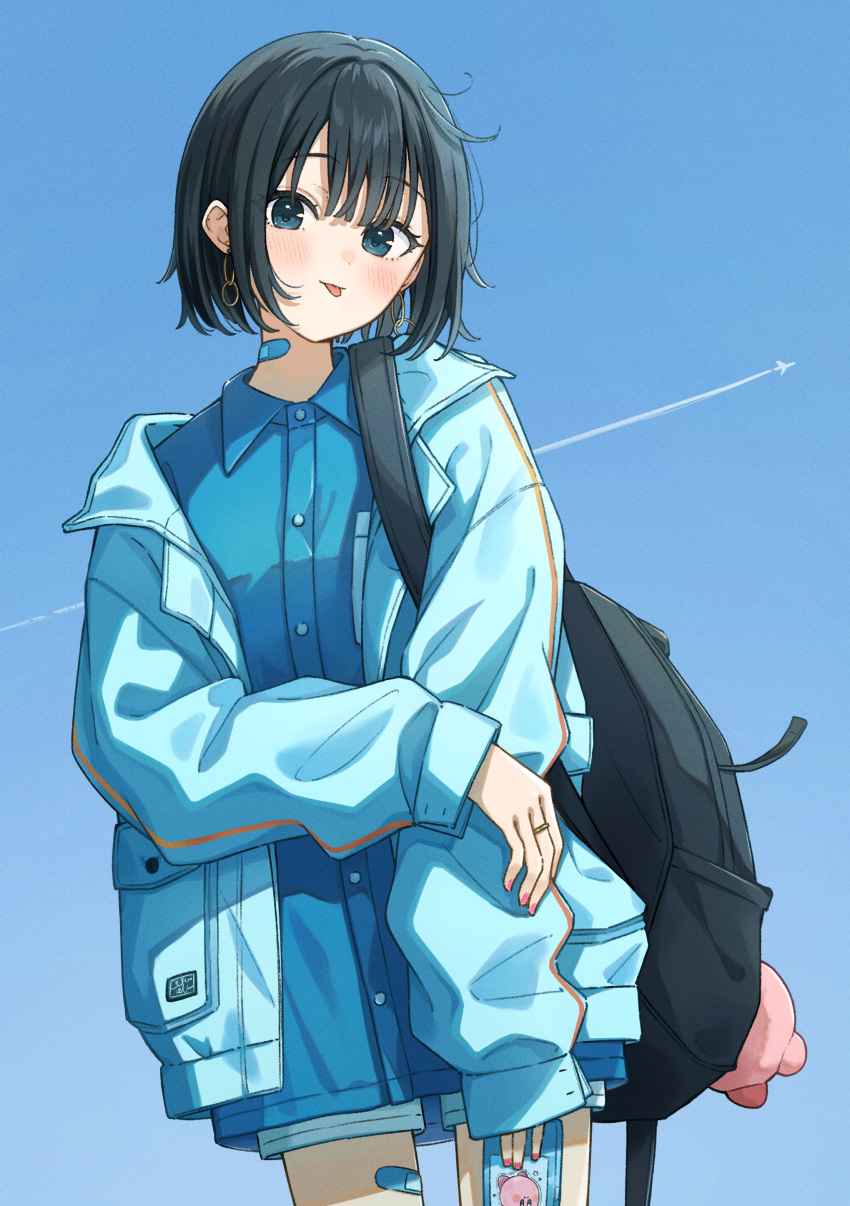 Safebooru - 1girl :p absurdres aircraft airplane backpack bag bandaid bandaid on leg bandaid on ...