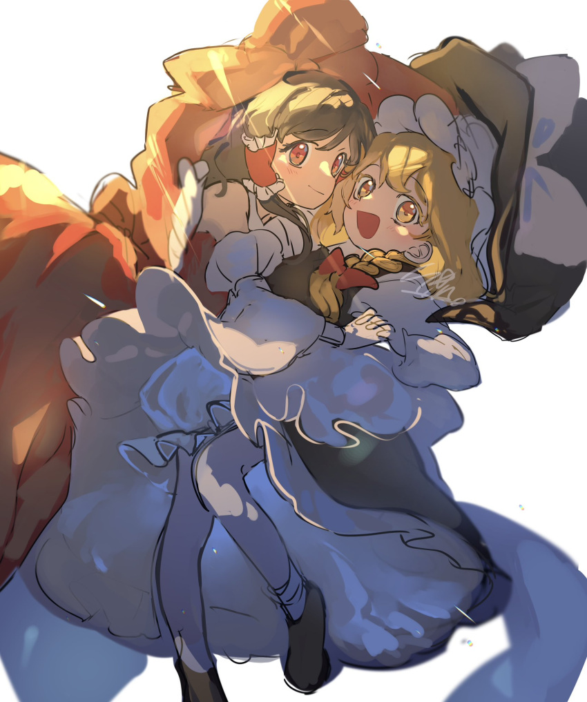 Safebooru - 2girls apron blonde hair blush bow braid brown hair detached sleeves frilled hair ...