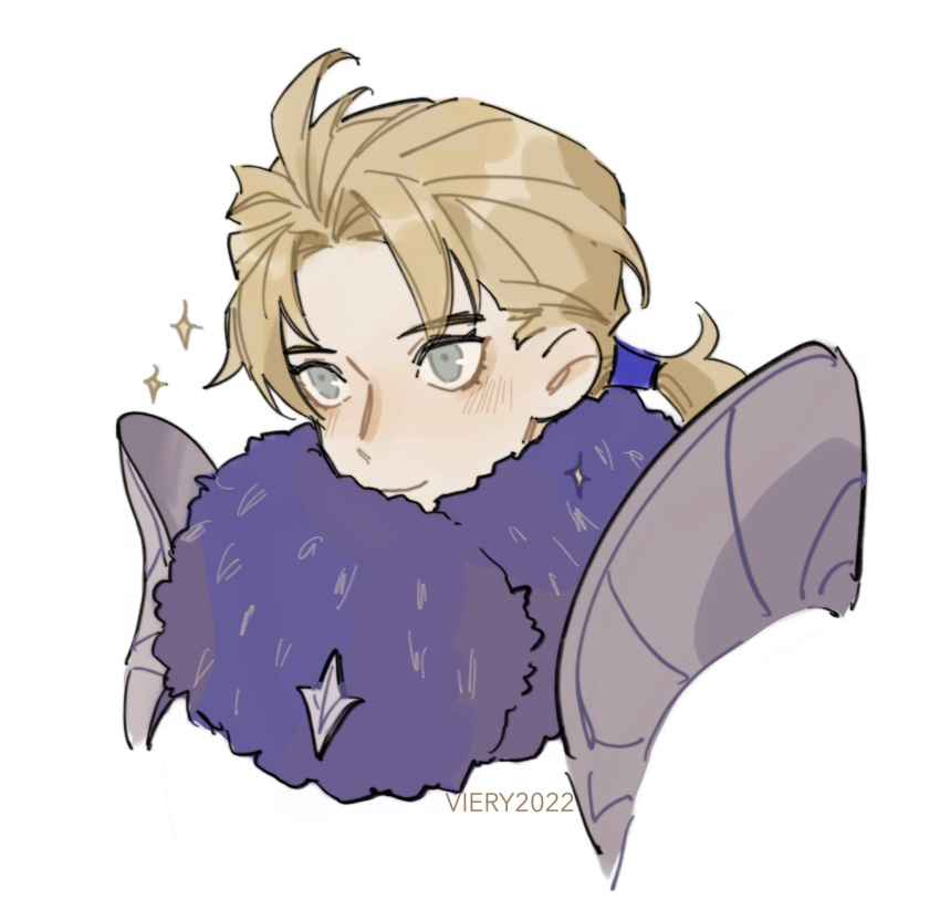 Safebooru - 1boy 2022 armor blonde hair blue fur blush closed mouth ...