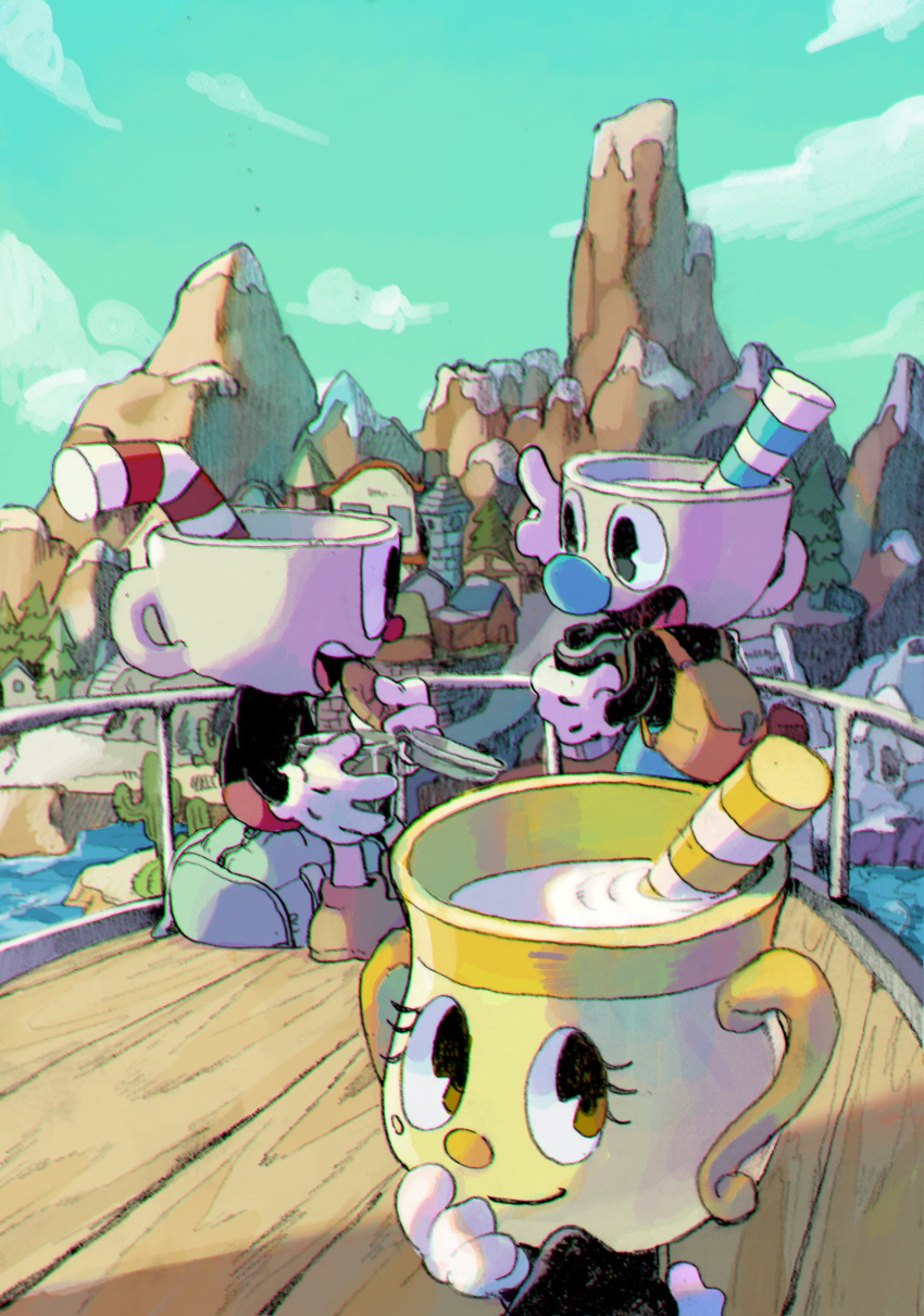 Safebooru - 1girl 2boys absurdres bag binoculars blue sky boat chalice ...