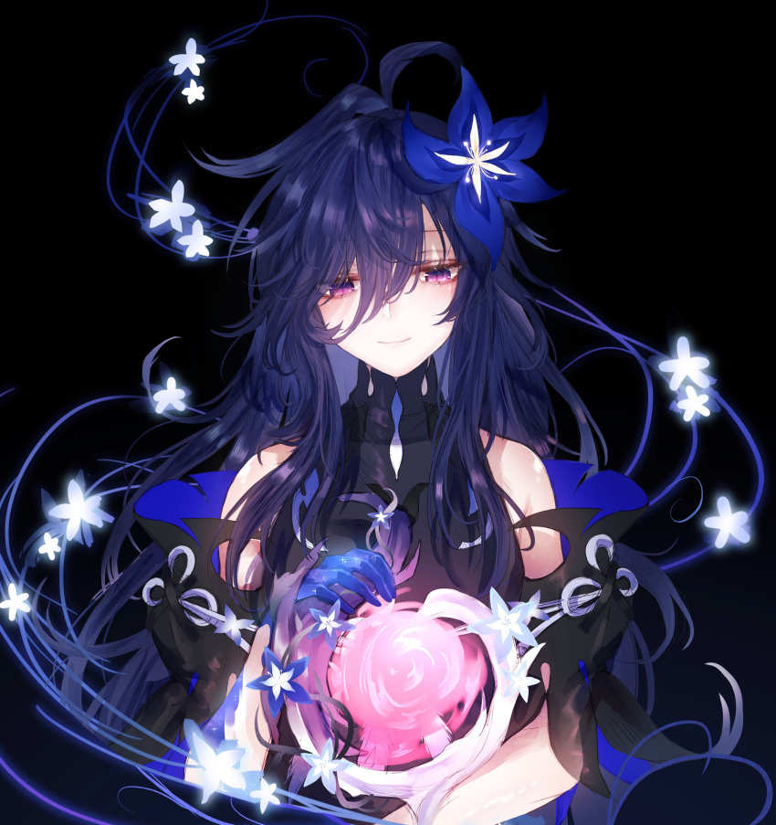 Safebooru - 1girl absurdres bare shoulders black dress black hair blue flower blue hands closed ...