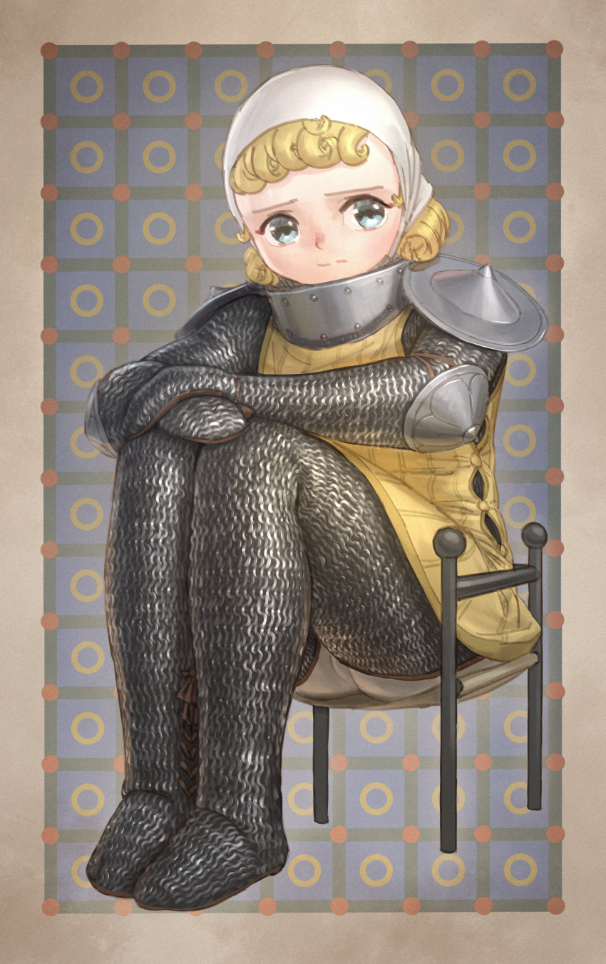 Safebooru - 1girl absurdres armor blonde hair blue eyes chainmail highres original sitting solo ...