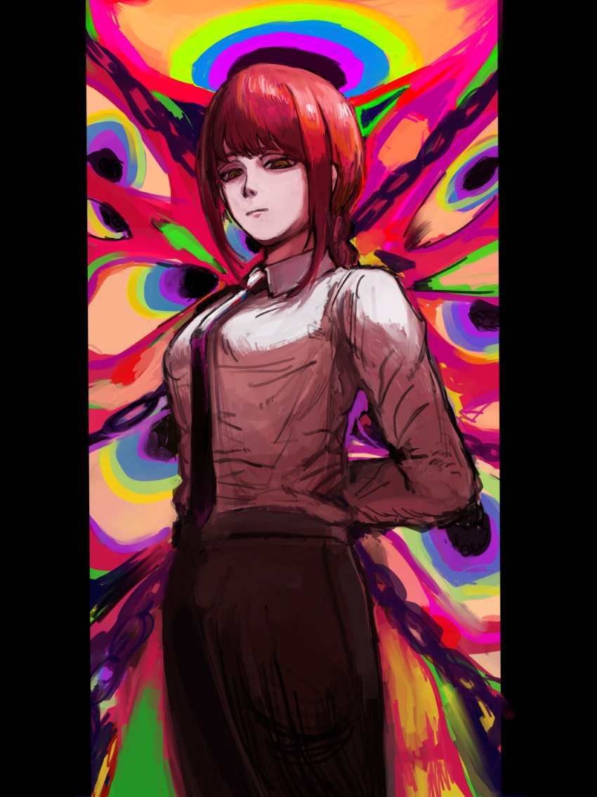 Safebooru - 1girl absurdres black necktie black pants chain chainsaw man closed mouth collared ...