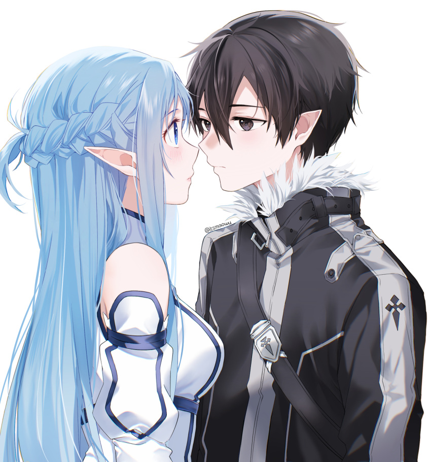 Safebooru - 1boy 1girl asuna (sao) asuna (sao-alo) black coat black eyes black hair blue dress ...