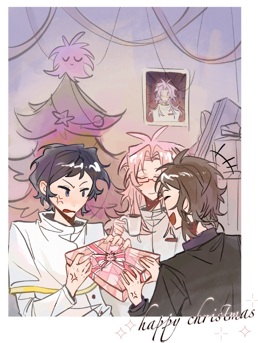 Safebooru - +++ 3boys absurdres anger vein antenna hair black hair black jacket brown hair ...