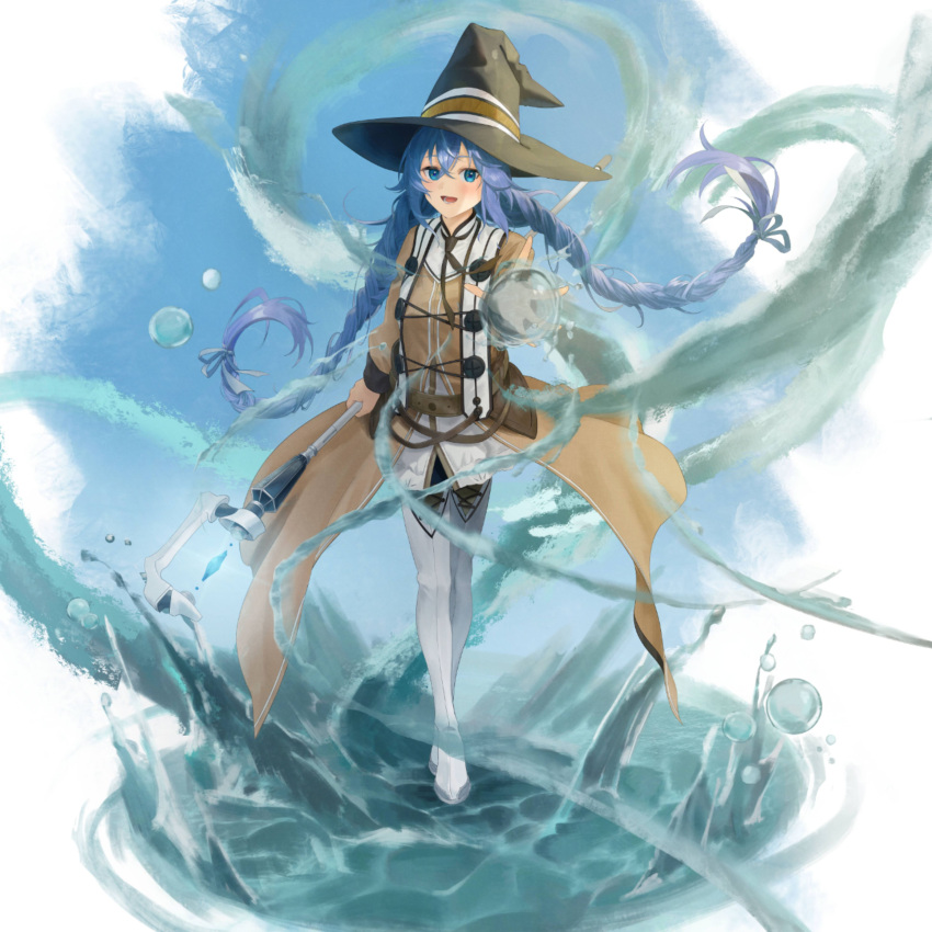 Safebooru - 1girl absurdres blue eyes blue hair blue ribbon blush boots braid brown cloak brown ...