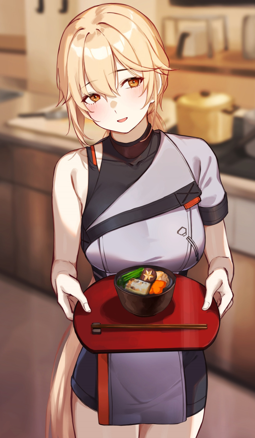 Safebooru - 1girl 3 small spiders blonde hair blurry blurry background blush bowl breasts ...