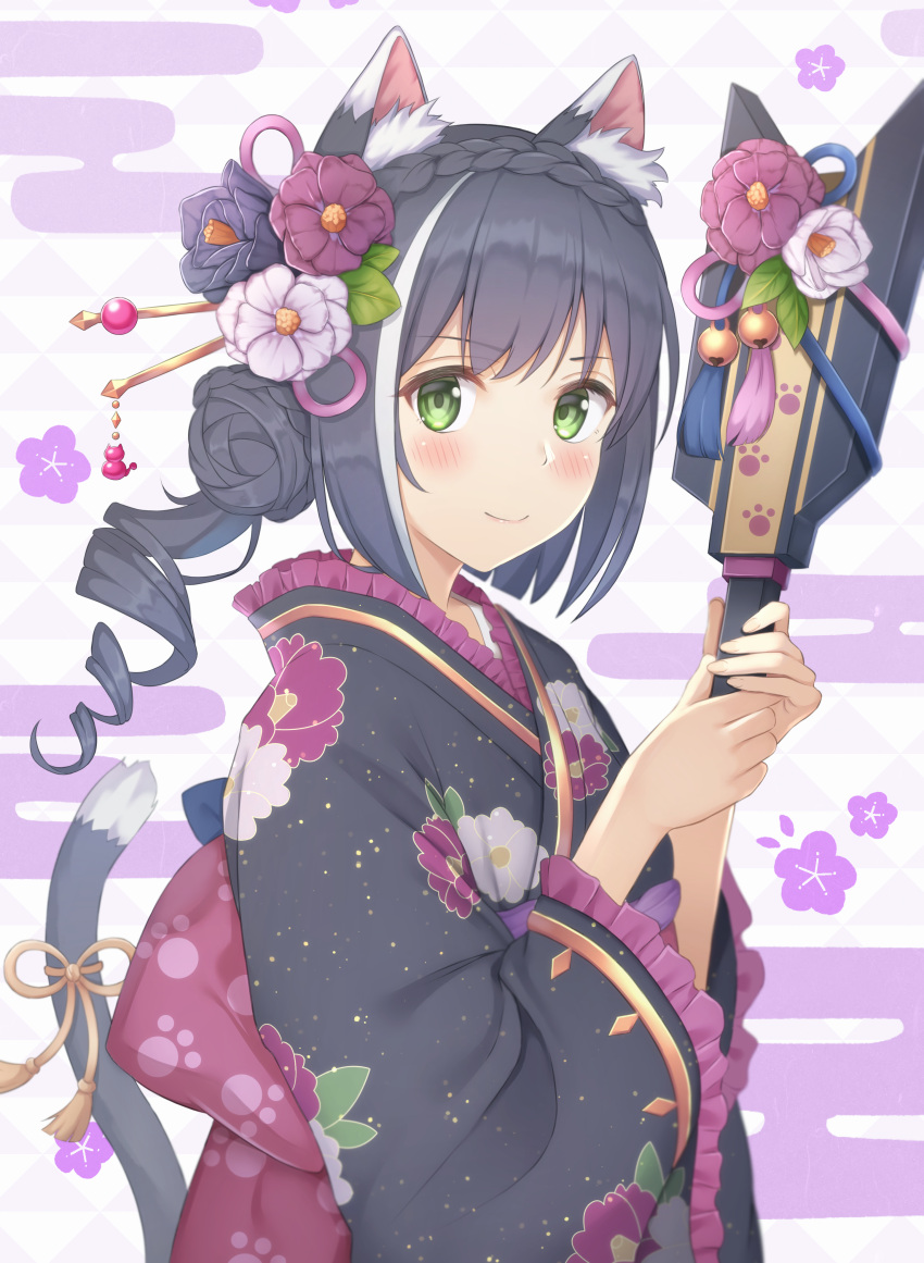 Safebooru - 1girl absurdres animal ear fluff animal ears back bow black hair black kimono blush ...