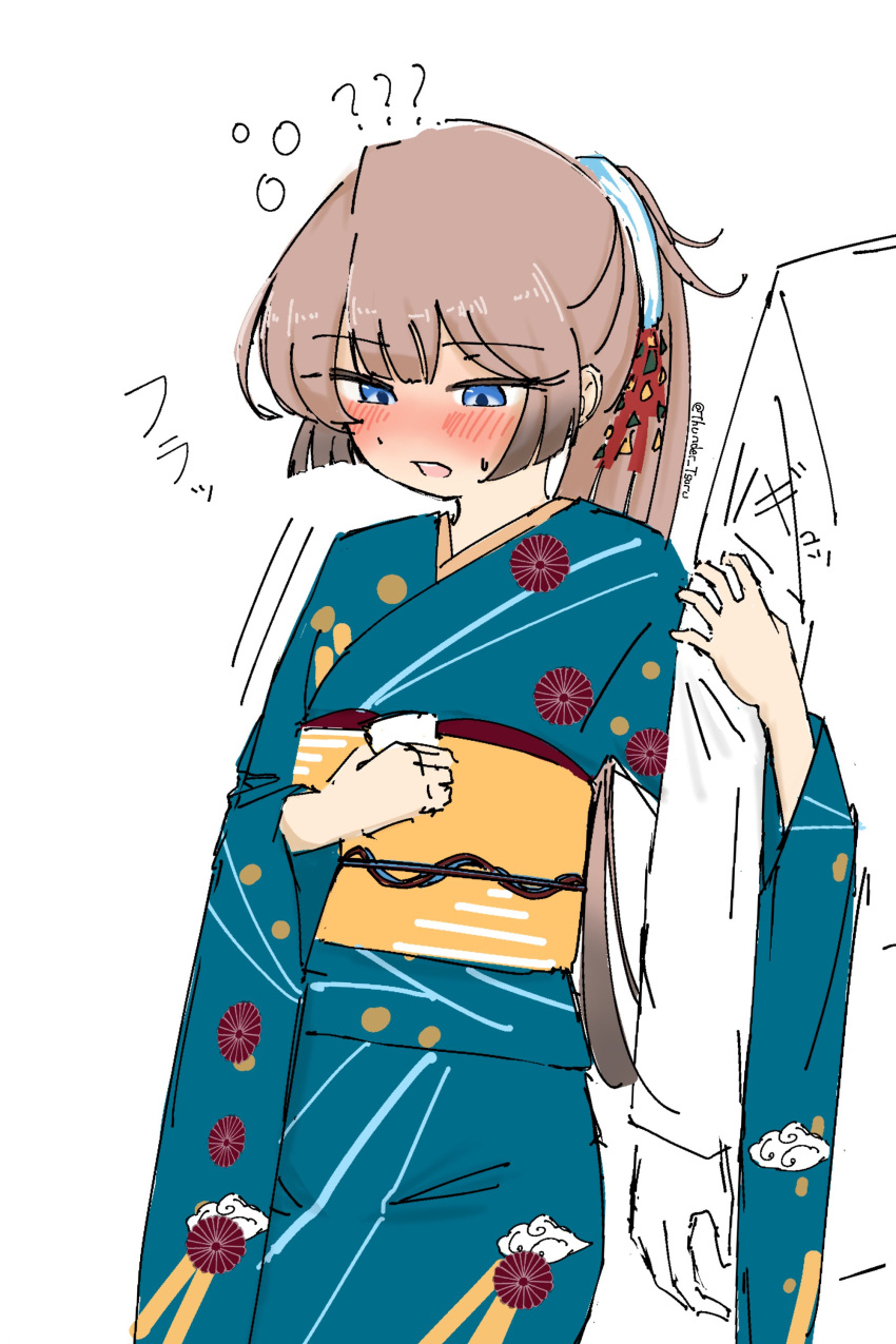 Safebooru - 1girl 1other ? ?? absurdres alternate costume arm hug blue eyes blue kimono blush ...