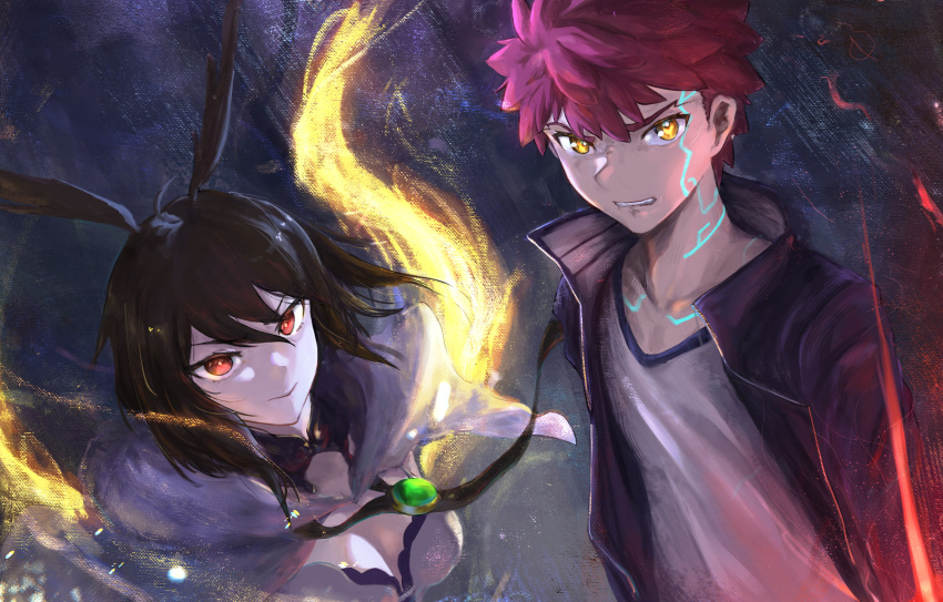 Safebooru - 1boy 1girl armor black hair black jacket brynhildr romantia ...