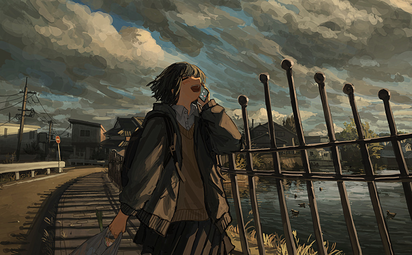 Safebooru - 1girl absurdres anko1127 backpack bag black hair black skirt bridge brown hair ...