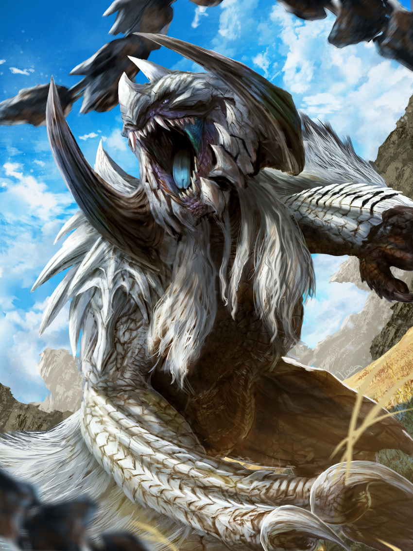 Safebooru - absurdres arkveld bearluxe blue sky claws colored skin dragon horns highres horns ...
