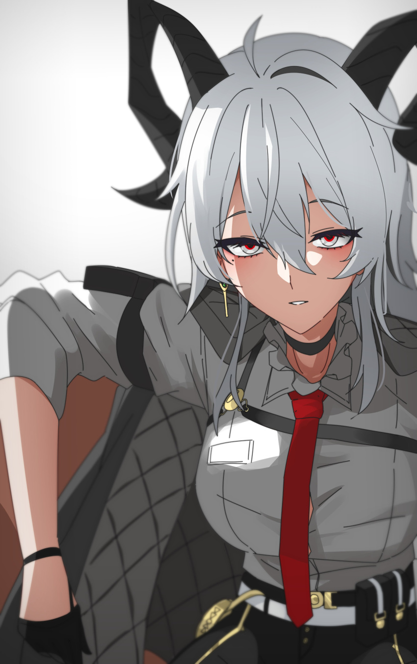 Safebooru - 1girl absurdres armband black armband black gloves black horns black jacket black ...