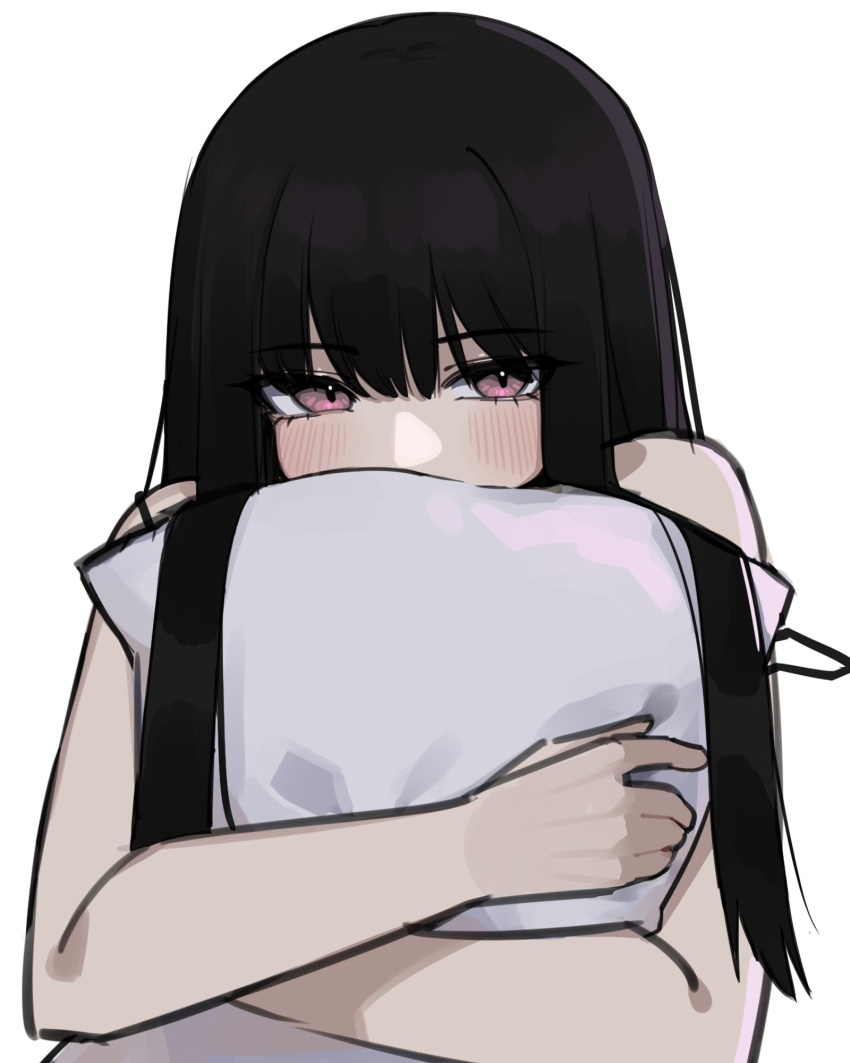 Safebooru - 1girl black hair blunt bangs blush hair between eyes highres hugging object long ...