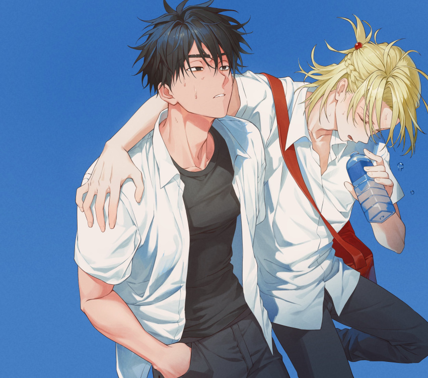 Safebooru - 2boys 5 taku arm around shoulder baek eunyung bag black eyes black hair black pants ...