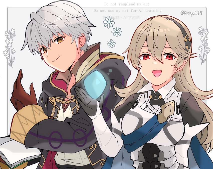 Safebooru - 1boy 1girl :d arm behind back armor black coat black gloves ...