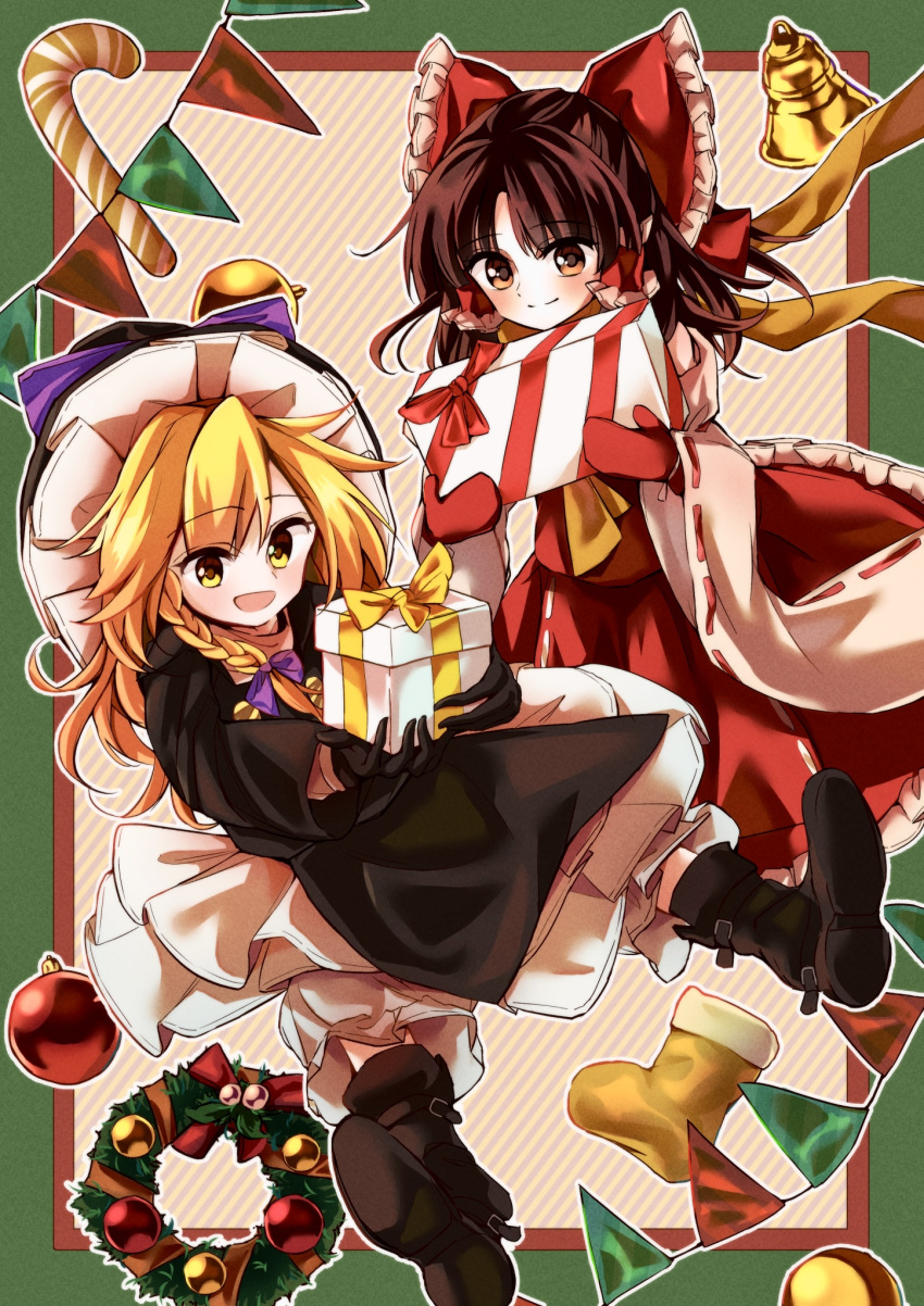 Safebooru - 2girls :d ascot banner bare shoulders bell black footwear ...