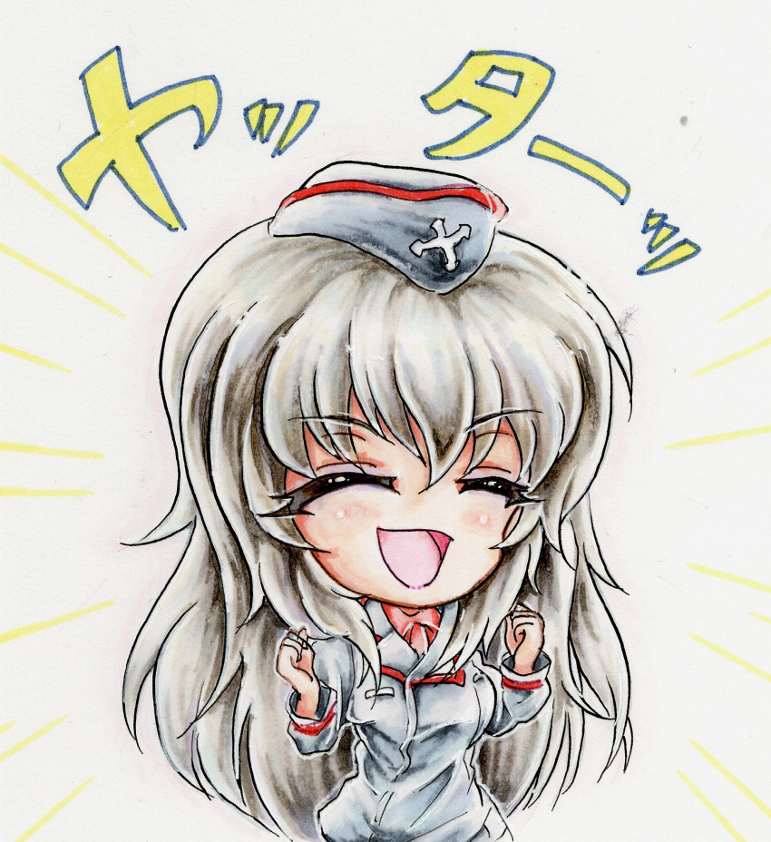 Safebooru - 1girl black hat black jacket chibi closed eyes garrison cap girls und panzer grey ...