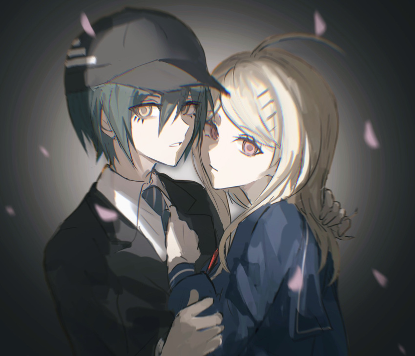 Safebooru - 1boy 1girl ahoge akamatsu kaede black hair black jacket black shirt blonde hair ...