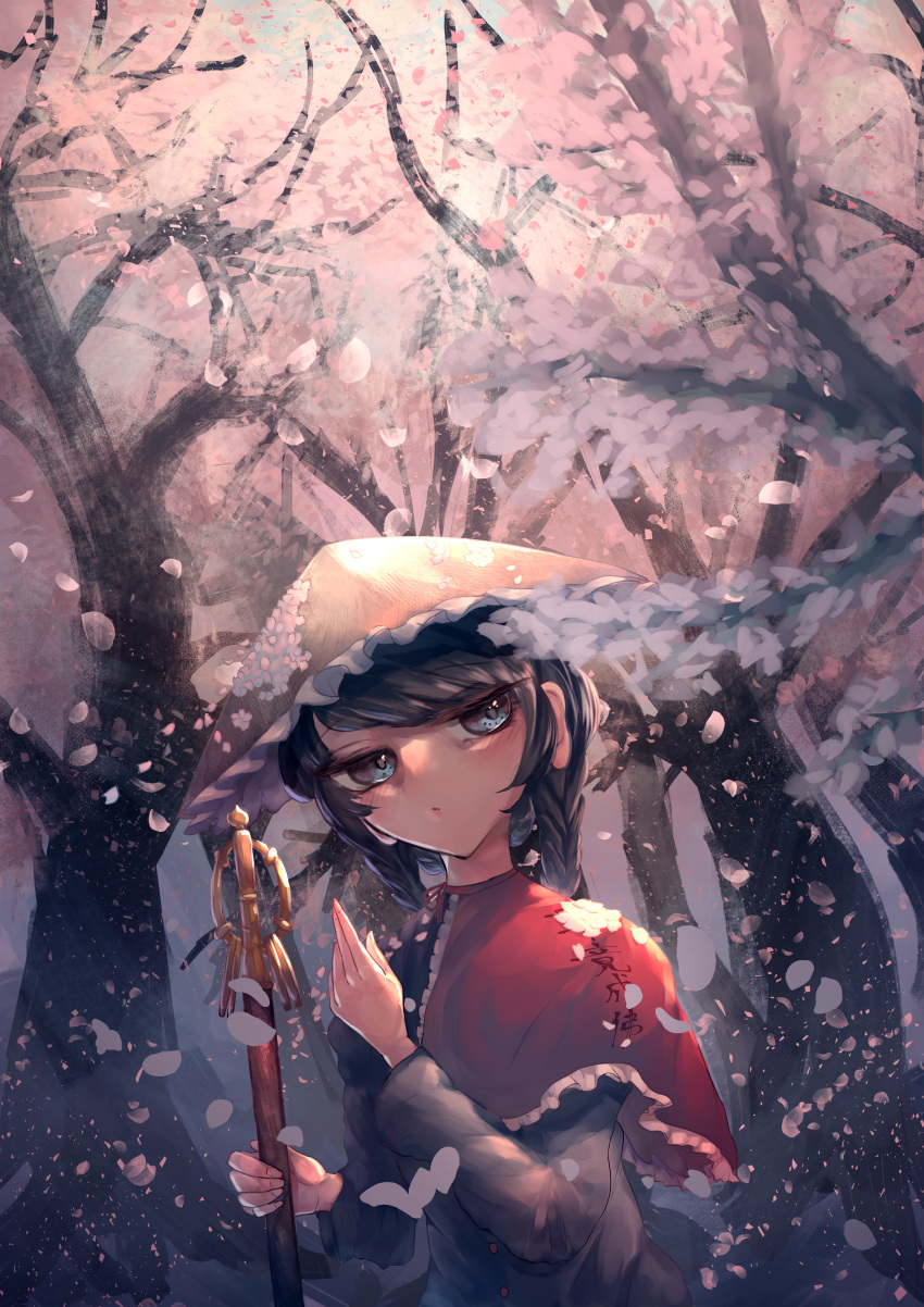 Safebooru - 1girl absurdres ajirogasa black hair blue eyes capelet cherry blossoms closed mouth ...