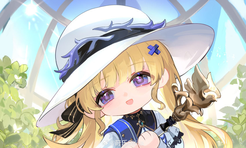 Safebooru - 1girl :d absurdres black bow black collar blonde hair blue sky bow chibi chibi only ...