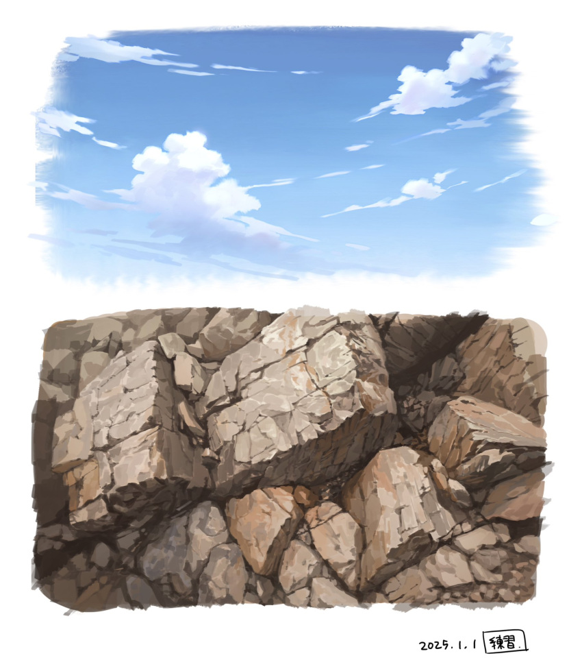 Safebooru - blue sky clouds dated day highres no humans noki 0504 original outdoors rock scenery ...