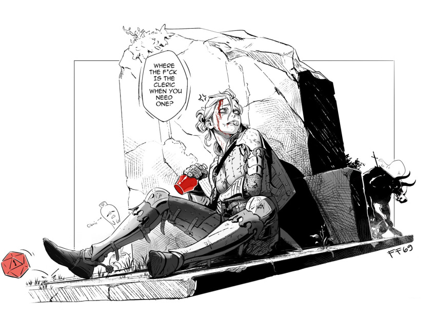 Safebooru - armor bleeding blood blood from forehead blood on face boulder dice dungeons ...