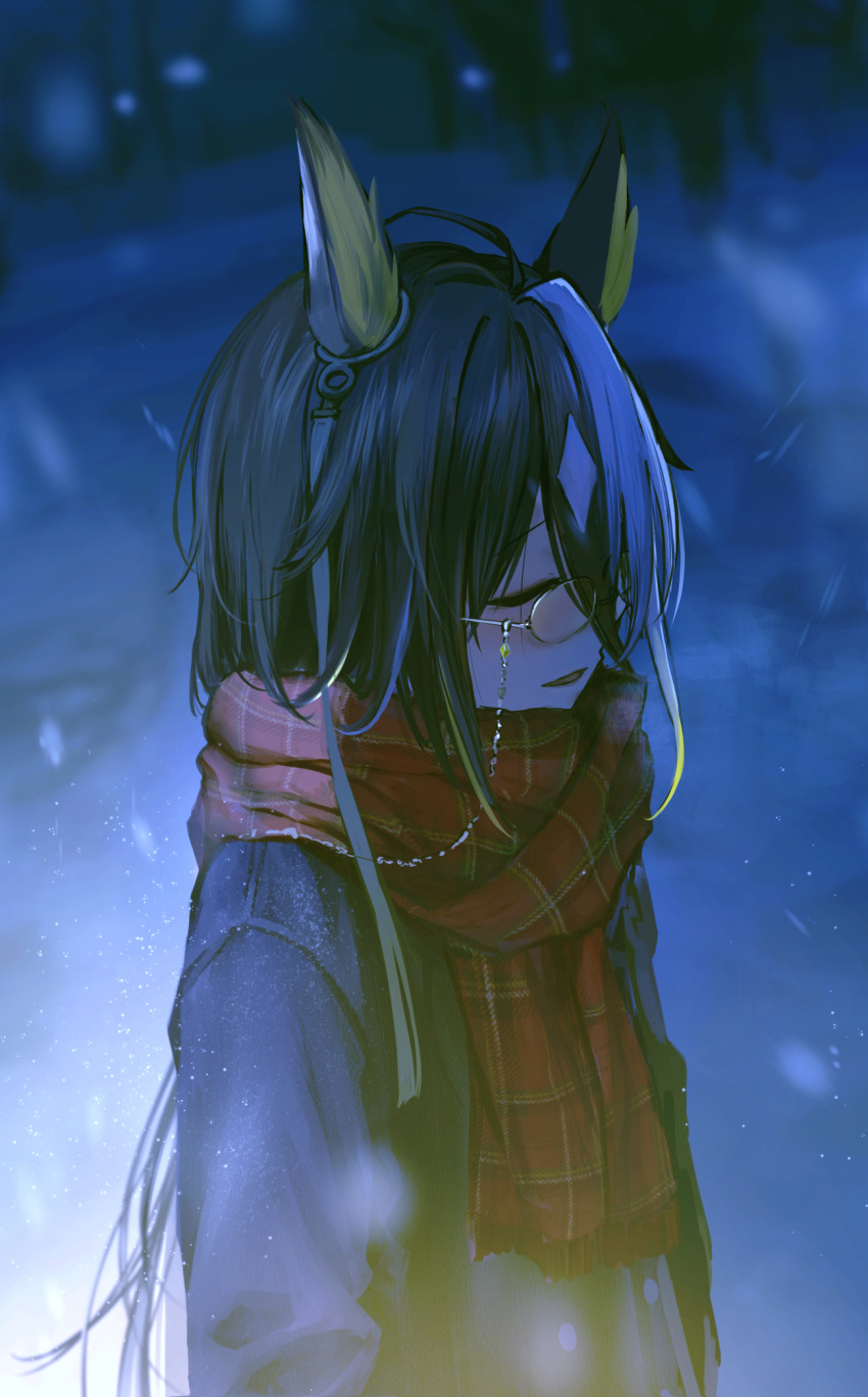 Safebooru - 1girl animal ears black hair blue coat blurry blurry background blush closed eyes ...