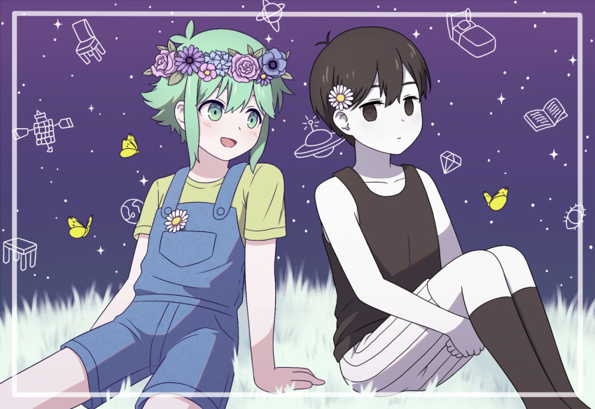 Safebooru - 2boys :d antenna hair arm support bare arms bare shoulders basil (headspace) (omori ...