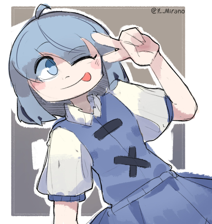 Safebooru - 1girl 7-mirano ;p blue eyes blue hair blue shirt blue vest highres one eye closed ...