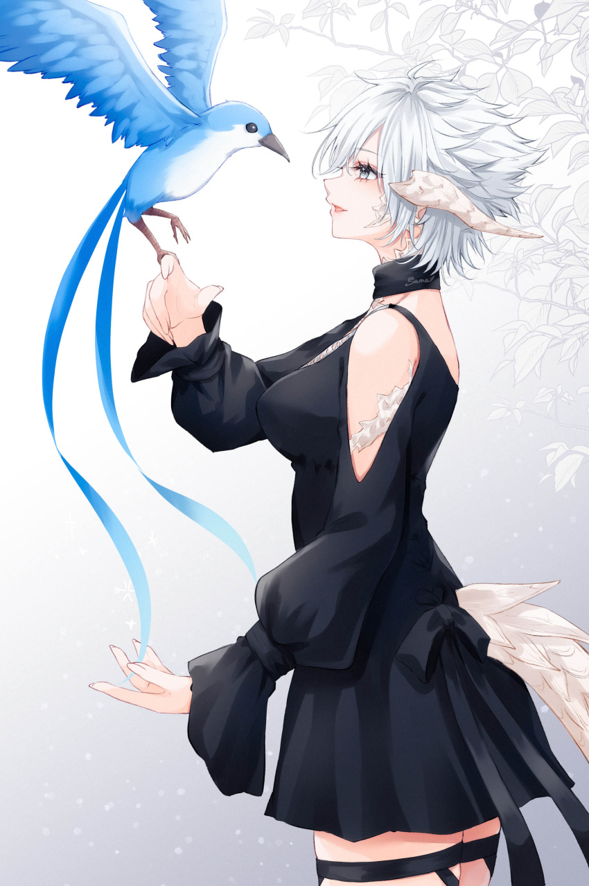 Safebooru - 1girl absurdres artist name au ra bare shoulders bird bird on hand black dress ...