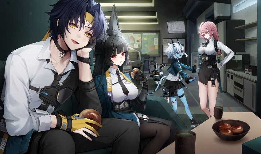 Safebooru - 1boy 3girls animal ear fluff animal ears ankkoyom asaba harumasa bangboo (zenless ...