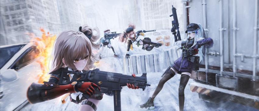 Safebooru - 4girls aiming assault rifle bandana baseball cap black ...