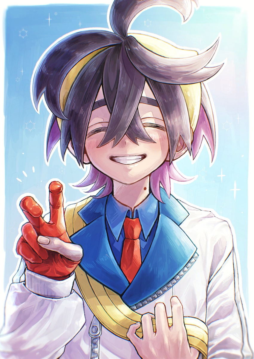 Safebooru - 1boy black hair blue shirt blush closed eyes collared shirt crossed bangs facing ...