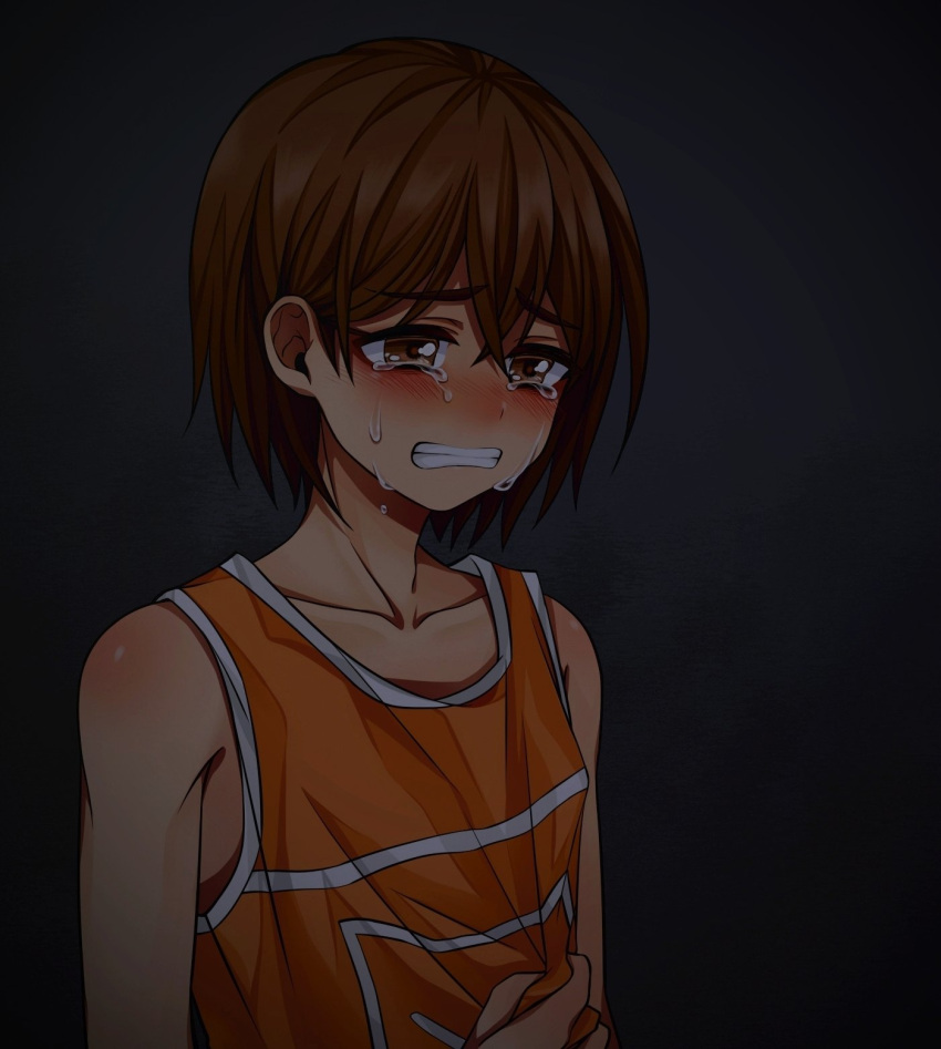 Safebooru - 1boy bare arms bare shoulders black background blush brown ...