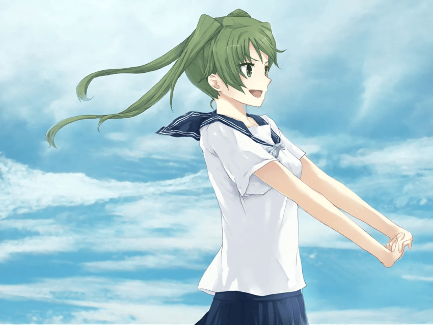 Safebooru - 1girl game cg green eyes green hair hide38 school uniform seabed serafuku sky solo ...