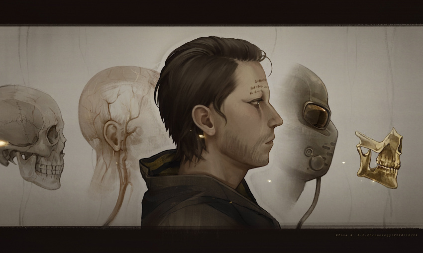 Safebooru - 1boy absurdres bald black shirt bone brown eyes brown hair ...