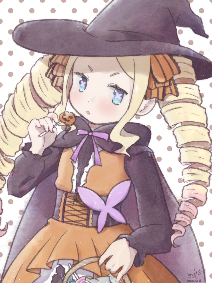 Safebooru - 1girl artist name basket beatrice (re:zero) black cape black hat blonde hair blue ...