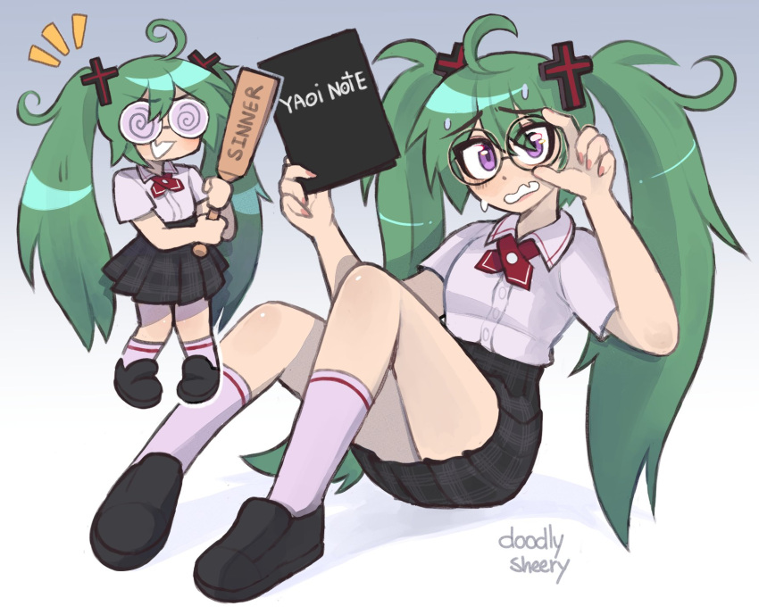 Safebooru - 1girl adjusting eyewear ahoge aqua hair black footwear black skirt coke-bottle ...